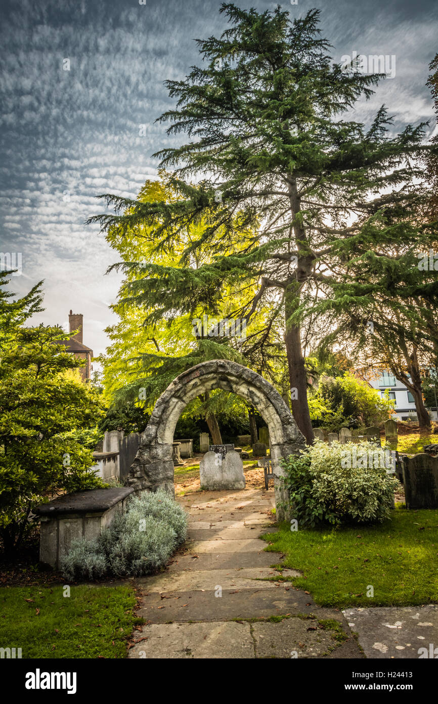Churchyard and tower of St Mary the Virgin, parish church, Mortlake ...