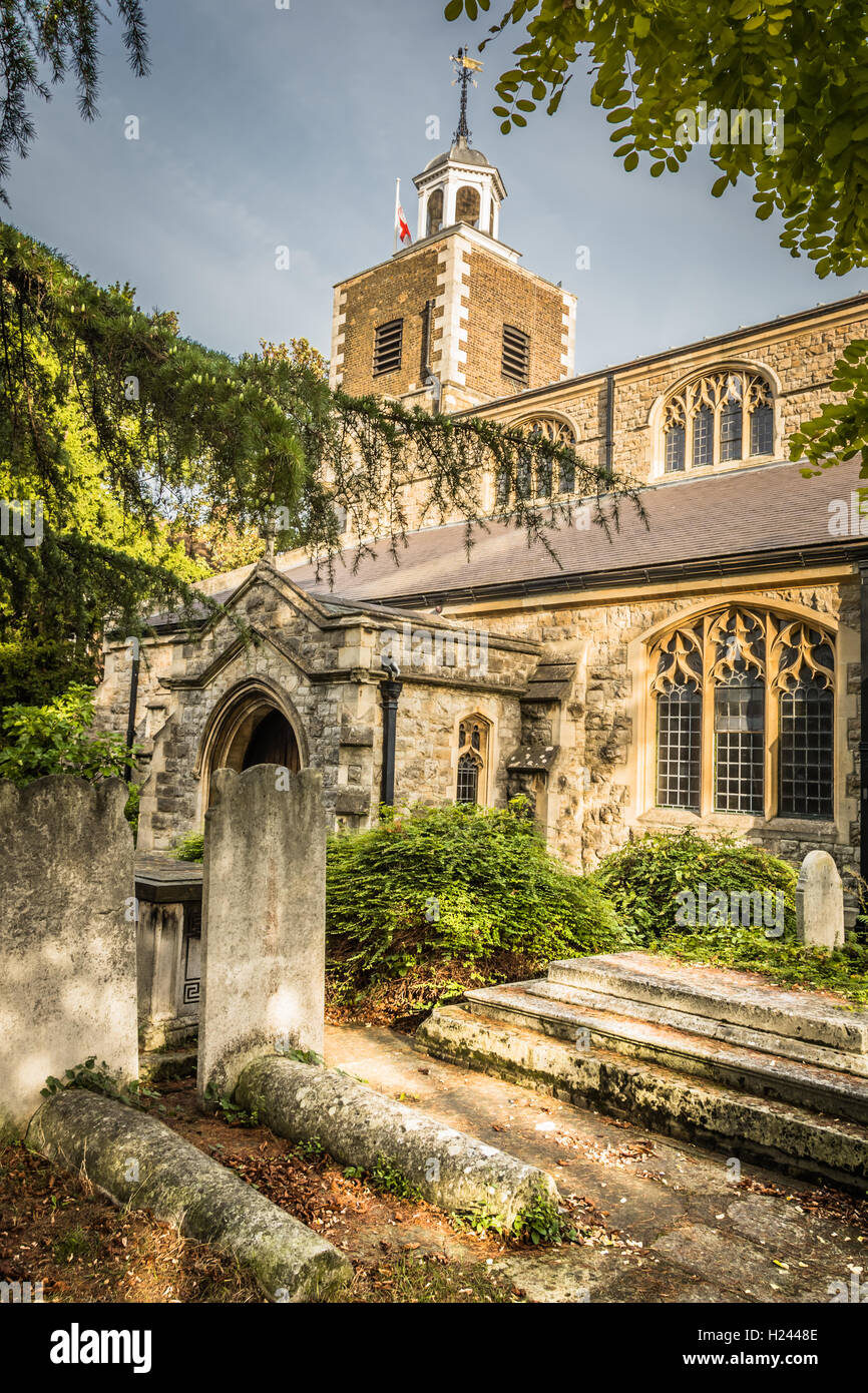 Churchyard and tower of St Mary the Virgin, parish church, Mortlake ...