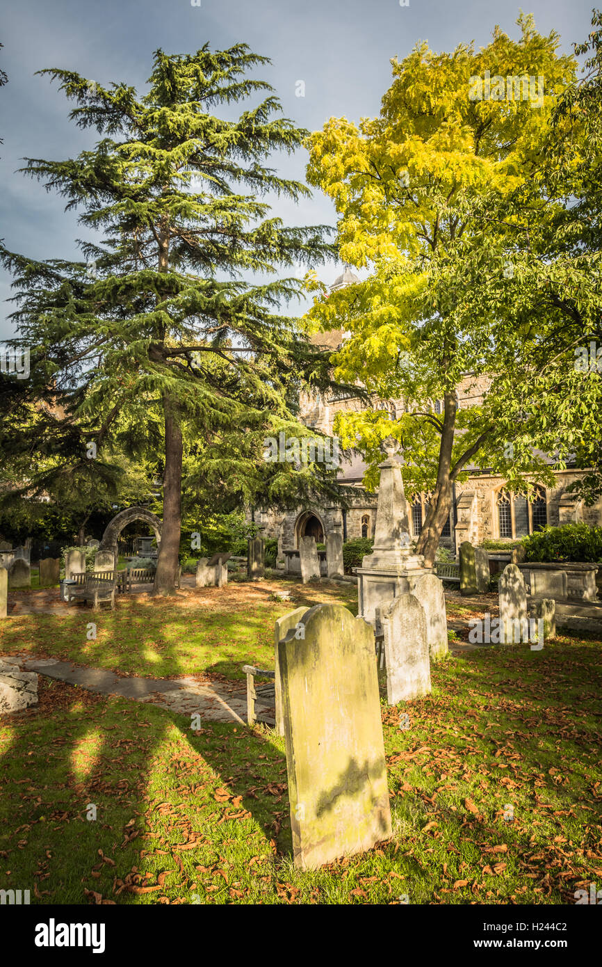 Churchyard and tower of St Mary the Virgin, parish church, Mortlake ...