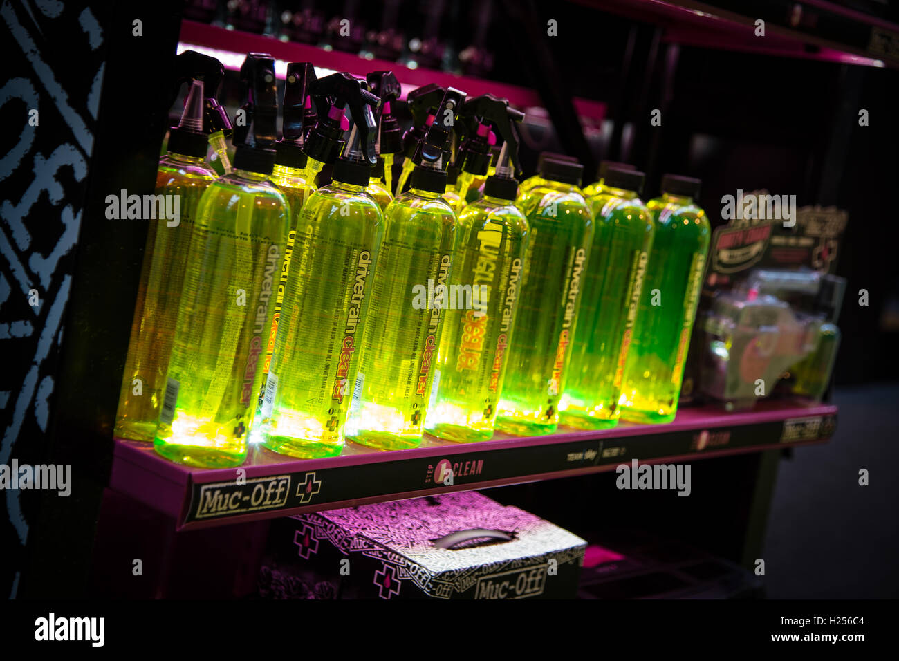 Birmingham, UK 24th Sep, 2016 Muc-off stand at bike show with ...