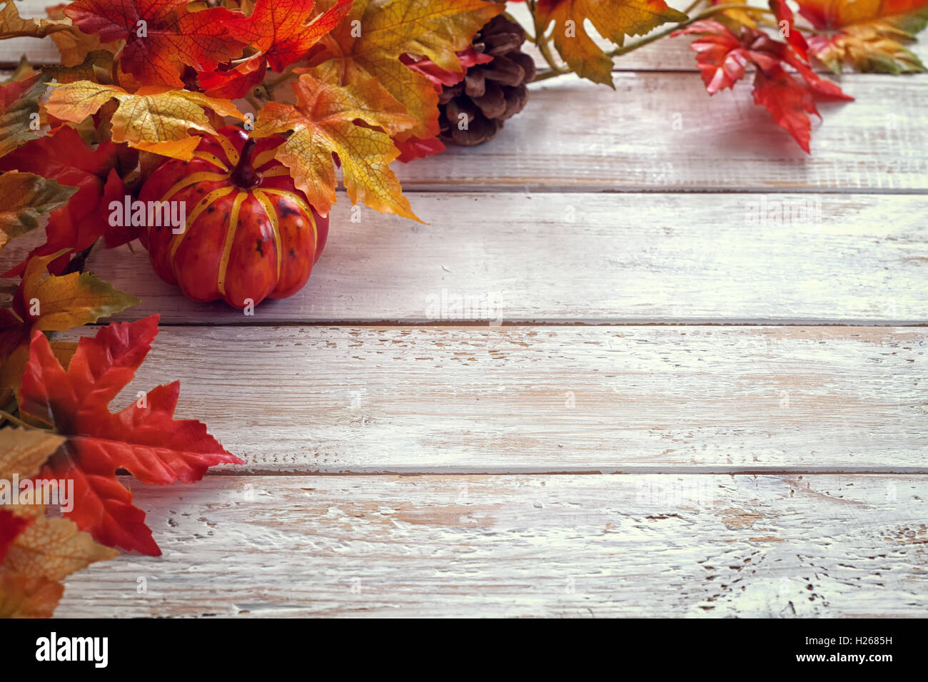 Autumn background with colored leaves on white wooden board Stock Photo ...