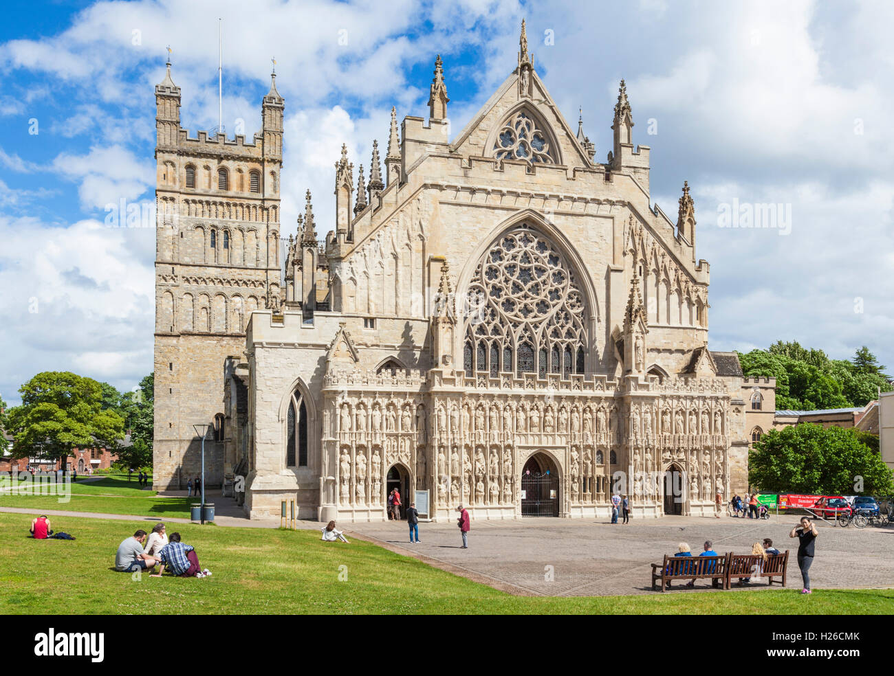 Exeter Cathedral exterior and Cathedral Green Exeter Devon England UK ...