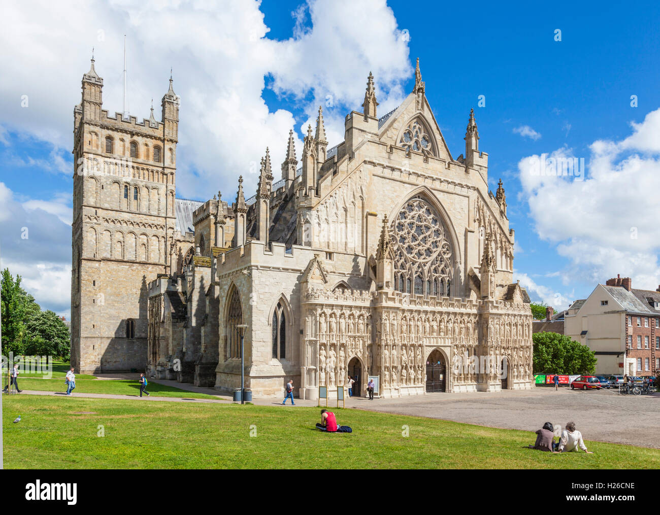 Exeter Cathedral exterior and Cathedral Green Exeter Devon England UK ...