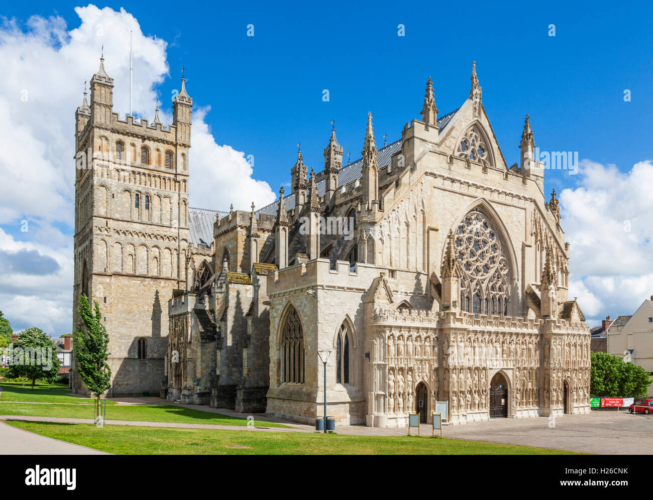 Exeter Cathedral exterior and Cathedral Green Exeter Devon England UK ...