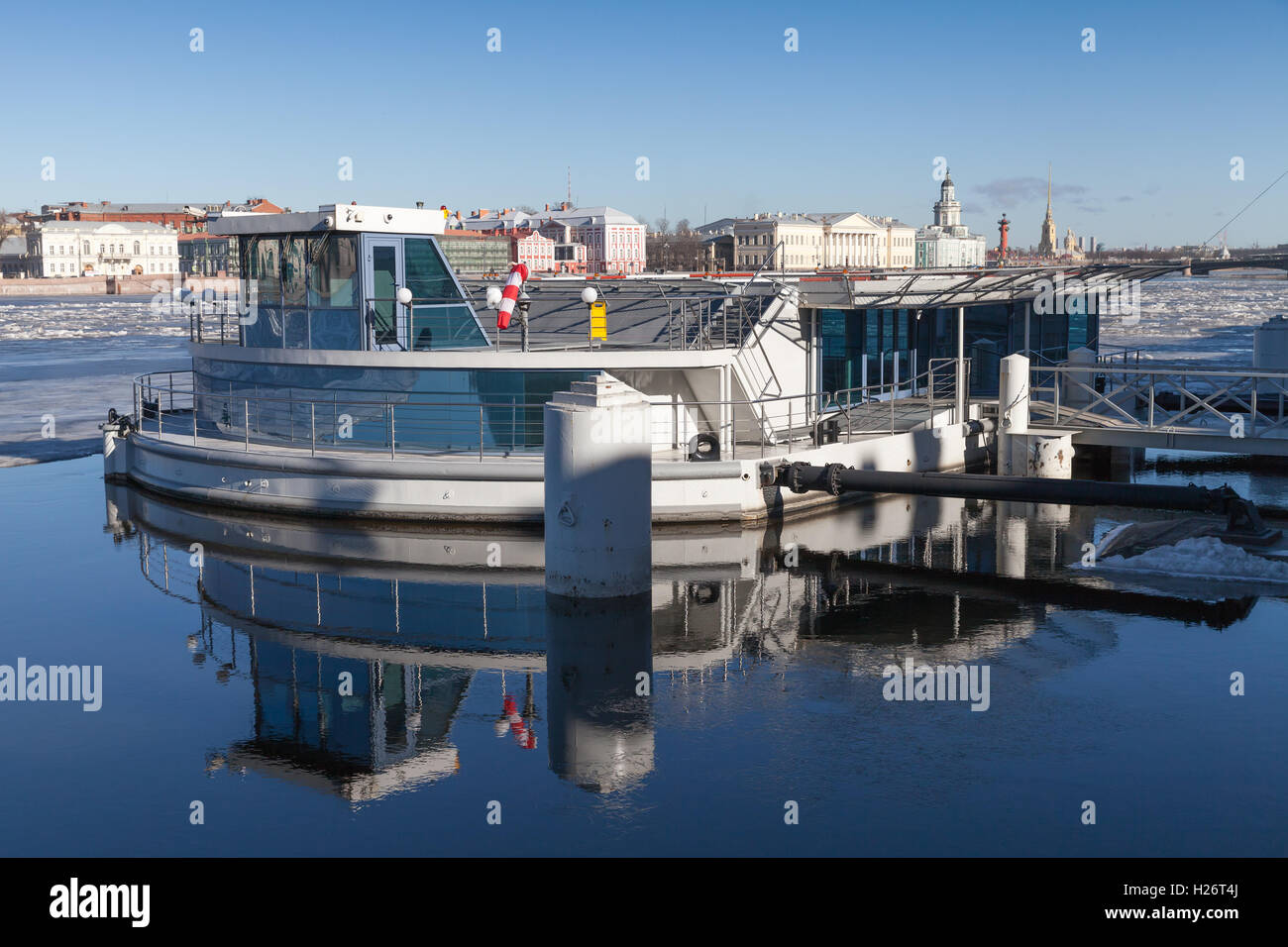 Empty floating helipad on the Neva river in central part of St ...