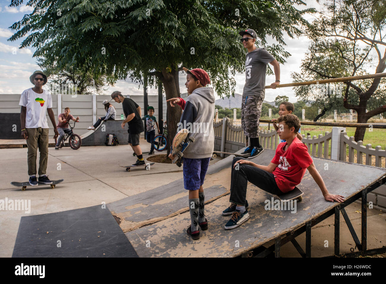 Skateboarders performing their tricks in a Skate Park in Windhoek ...