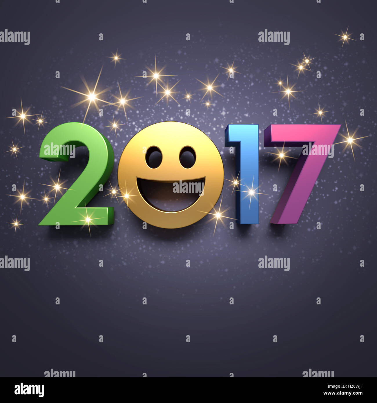 Colorful 2017 year type with a smiley symbol on a festive black ...