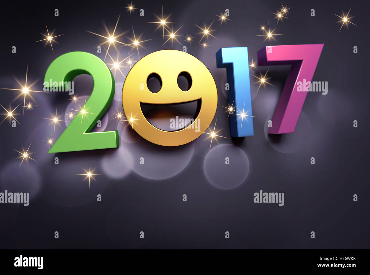 Colorful 2017 year type with a smiley symbol on a festive black ...