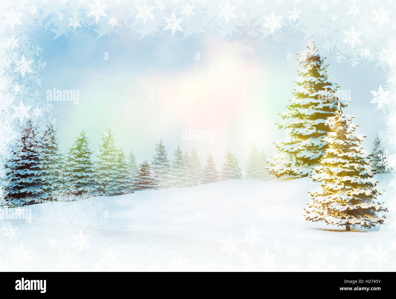 Christmas background with snowy fir trees Stock Photo - Alamy