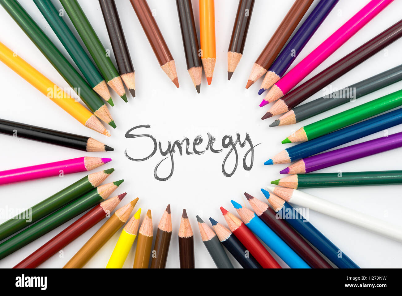 Colouring pencils in circle arrangement with message Synergy, education ...