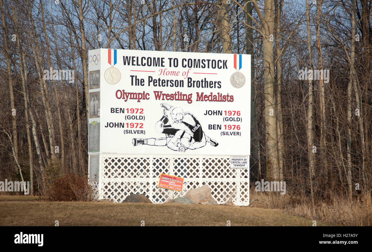 Welcome to Comstock highway sign featuring The Peterson Brothers ...