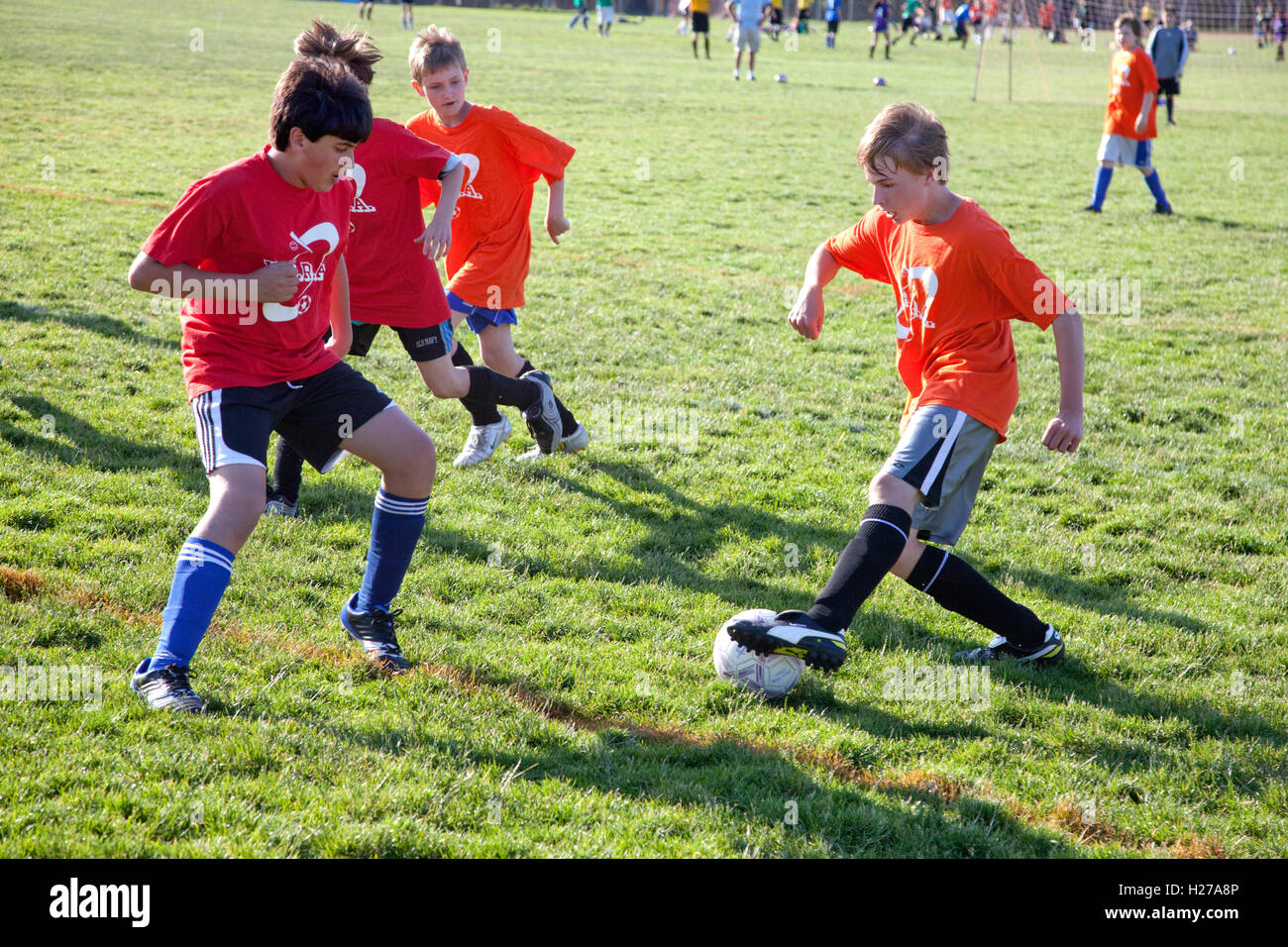 Boys age 12 kicking ball in an active soccer game. St Paul Minnesota MN ...