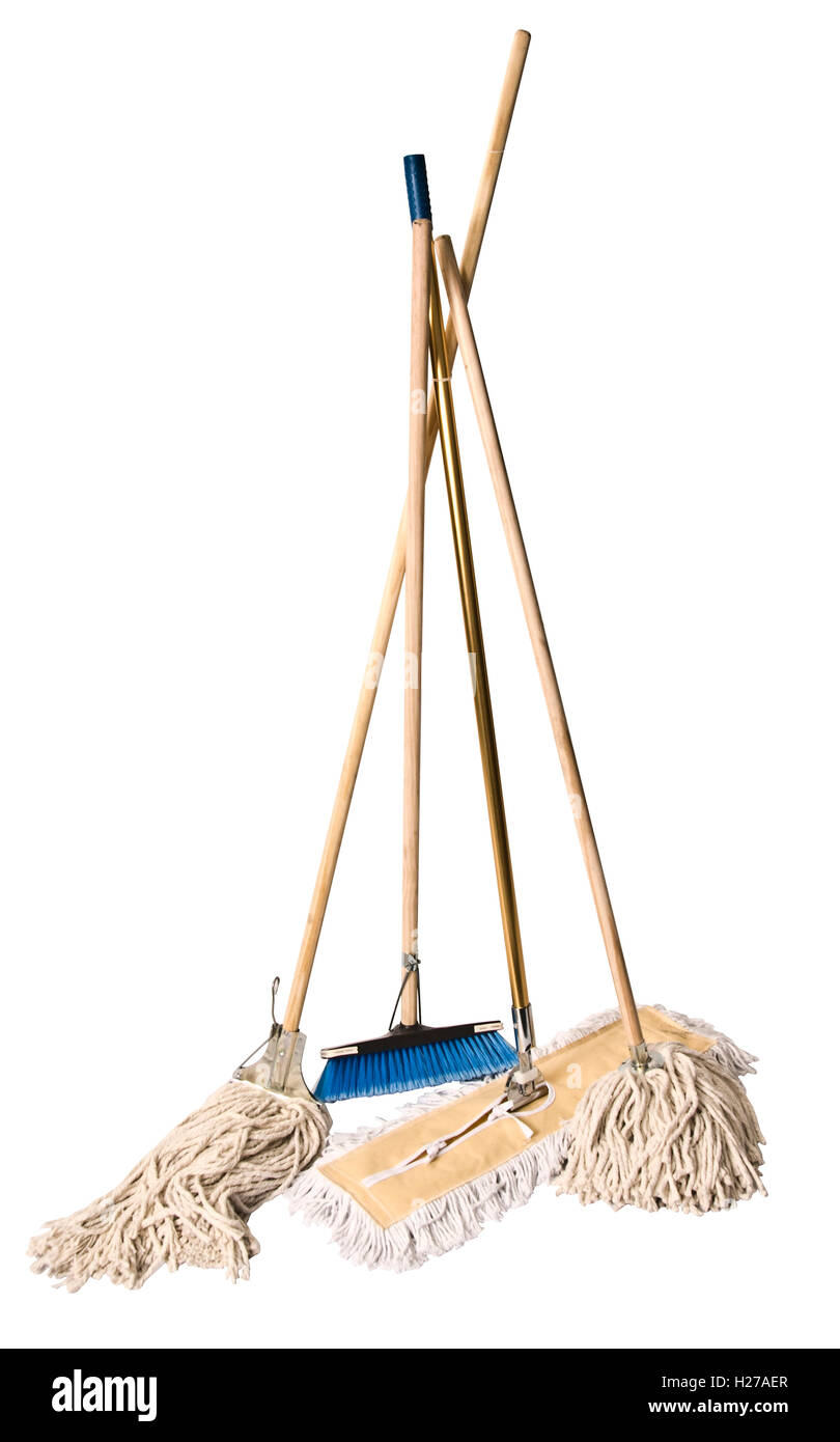 Collection of cleaning mops and a broom Stock Photo - Alamy