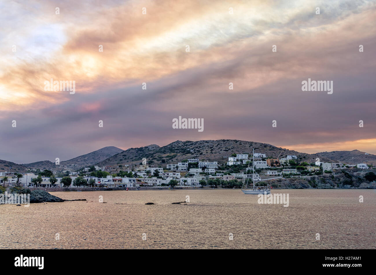 Dawn colors over Finikas village in Syros island, Cyclades, Greece ...