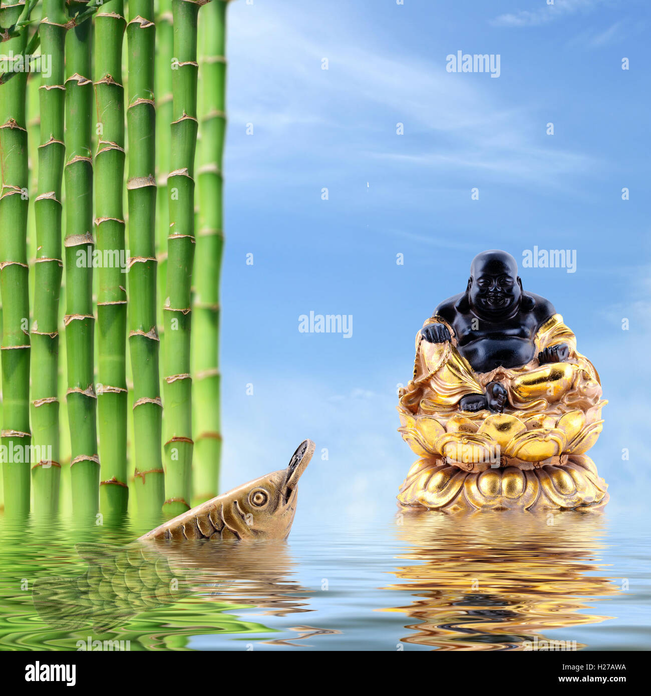 Laughing Buddha,bamboo,arowana with coin and seven-storied pagoda ...