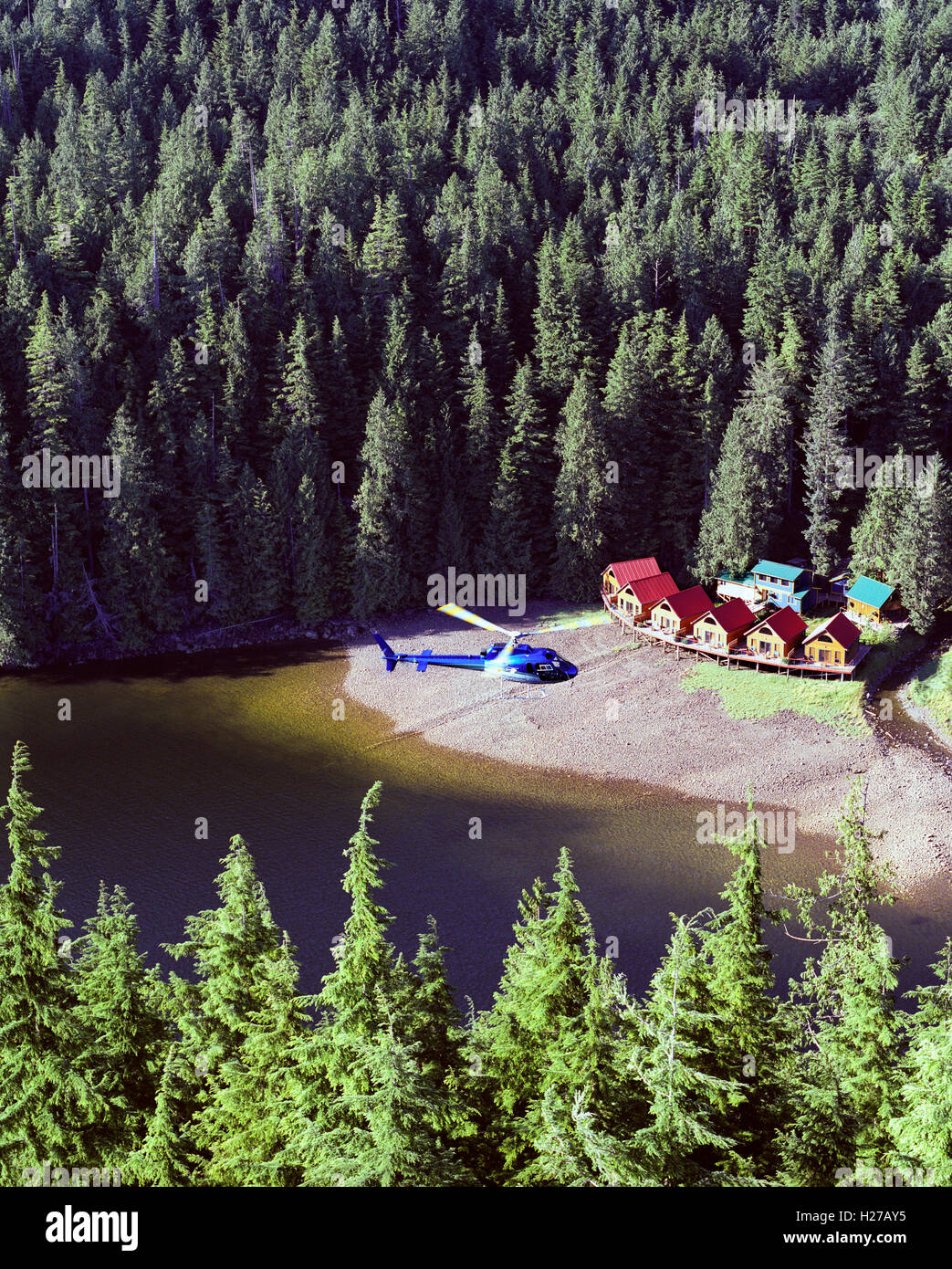 A helicopter arrives at Nimmo Bay resort.Nimmo Bay is an angler's ...