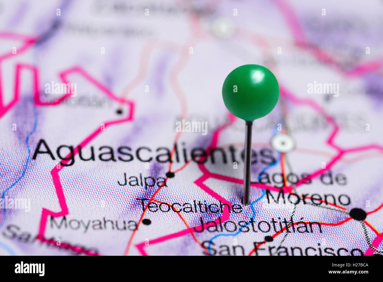 Teocaltiche pinned on a map of Mexico Stock Photo - Alamy