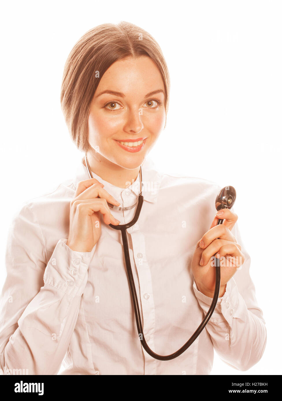 young pretty woman doctor with stethoscope on white background isolated ...