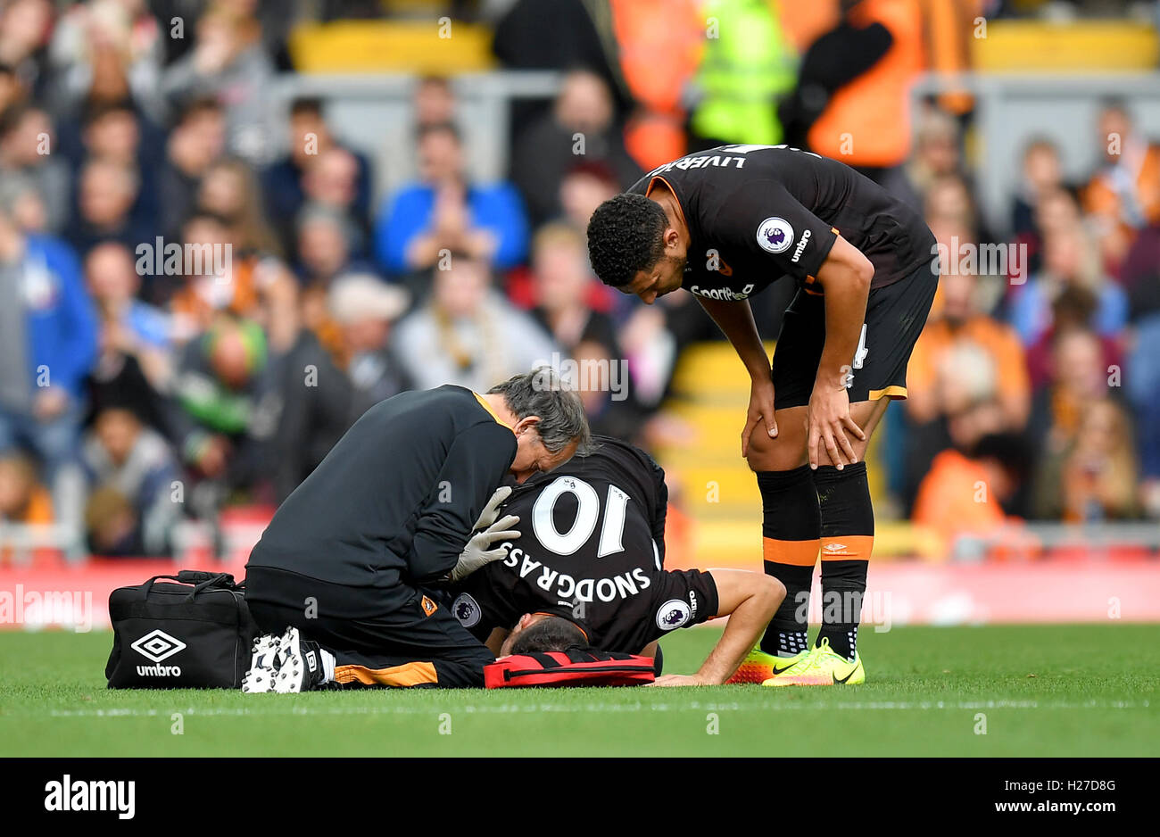 Hull City's Robert Snodgrass is treated for an injury during the ...