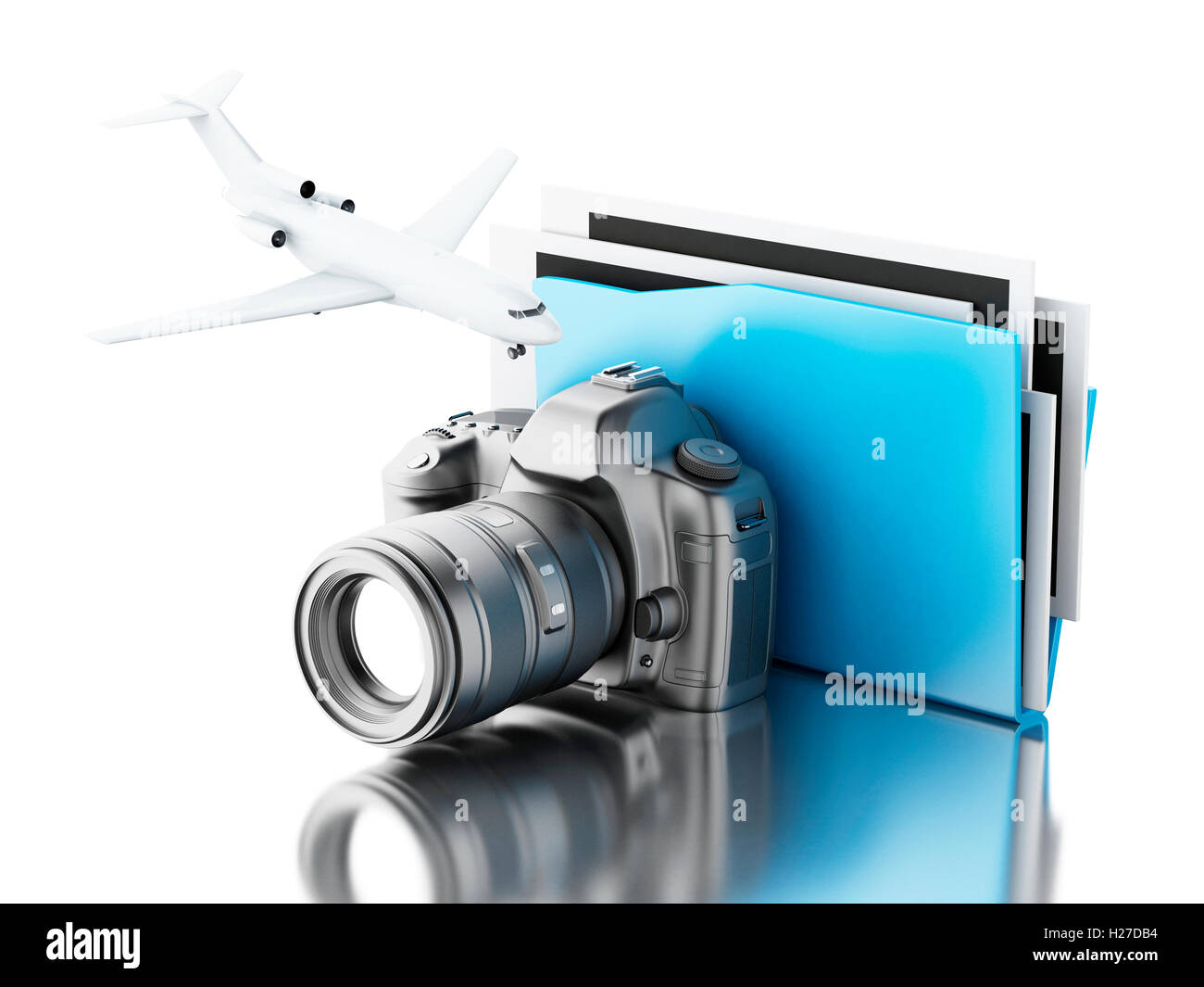 3d renderer image. Photo camera with folder. Photo album and travel ...