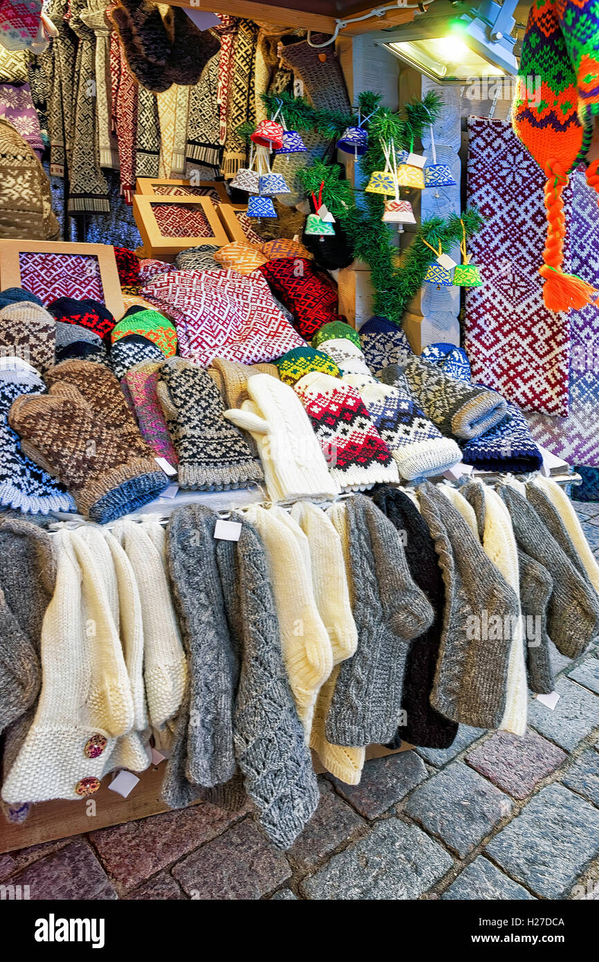 One of the stalls with woolen clothes at the Christmas Market in Riga ...