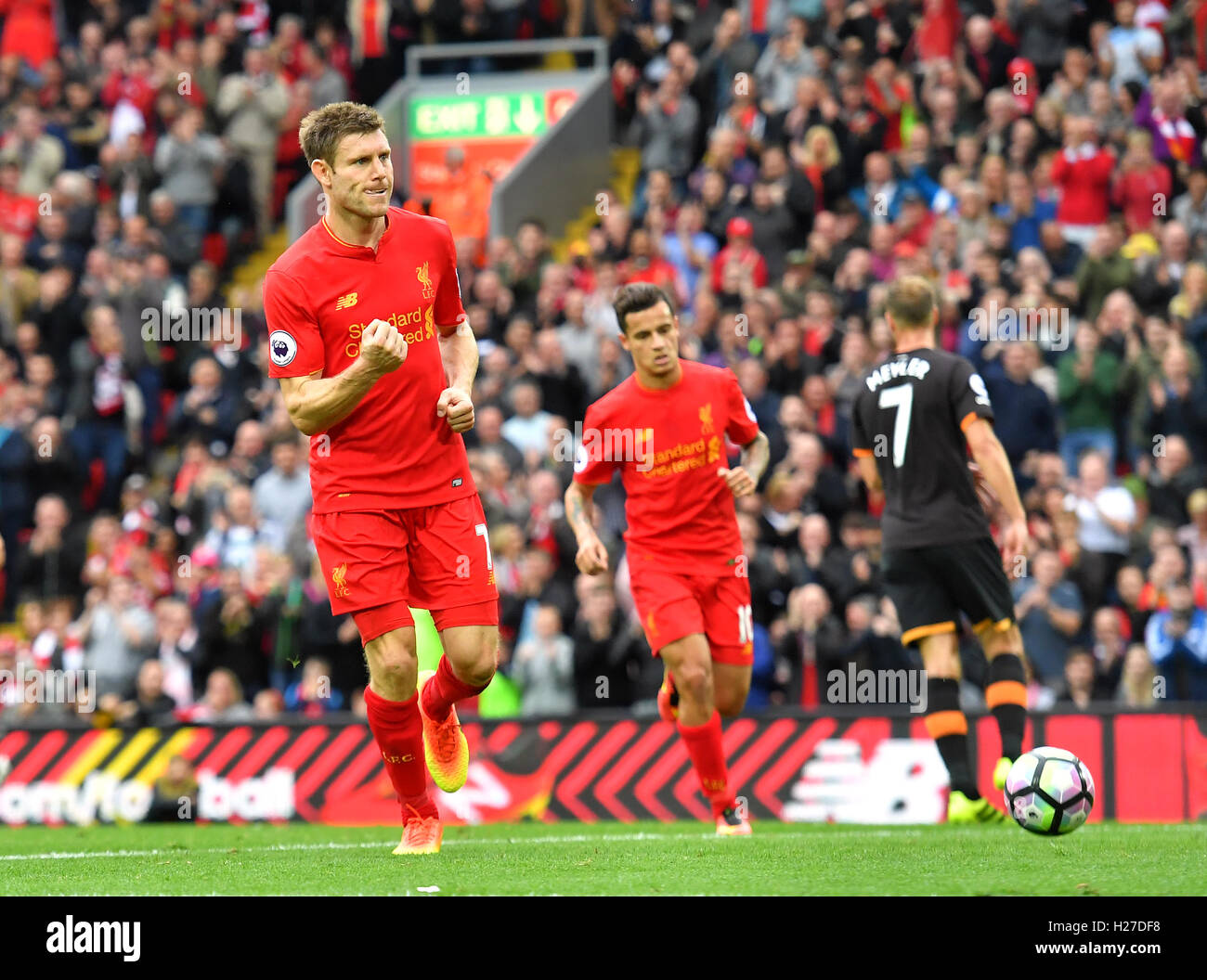 Liverpool's James Milner celebrates scoring his team's fifth goal from ...