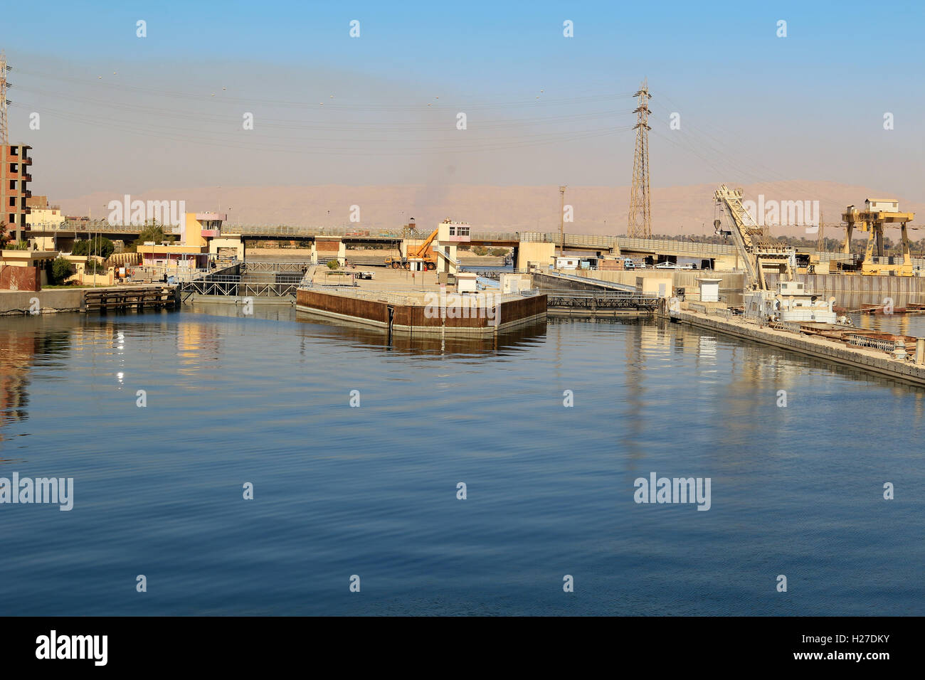 Approaching the Ship locks in Esna, and old dam on the Nile River ...