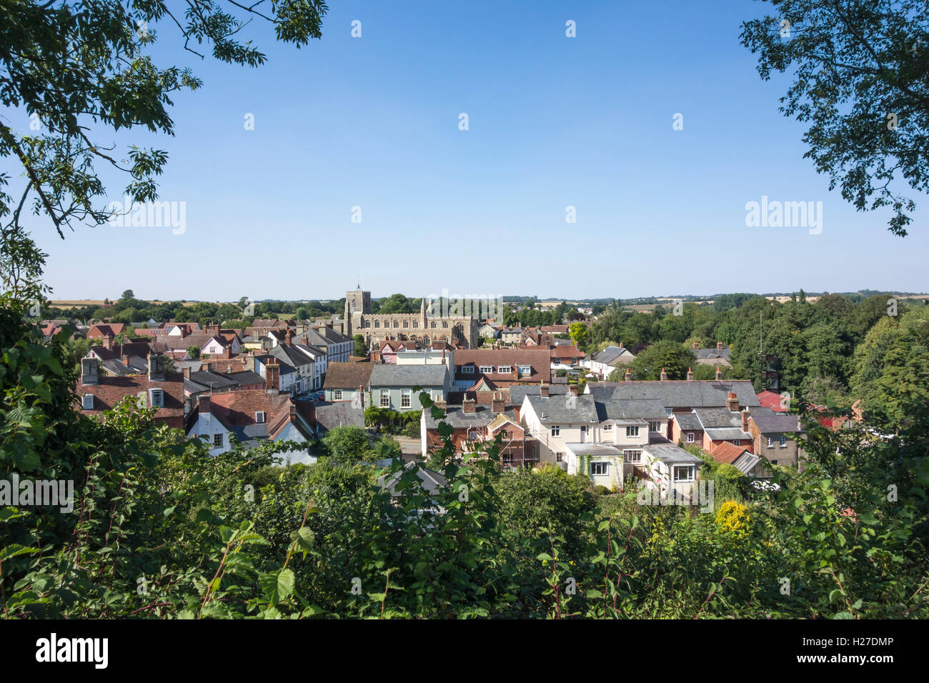 Clare town and Church of St Paul and St Peter from castle mound hill ...