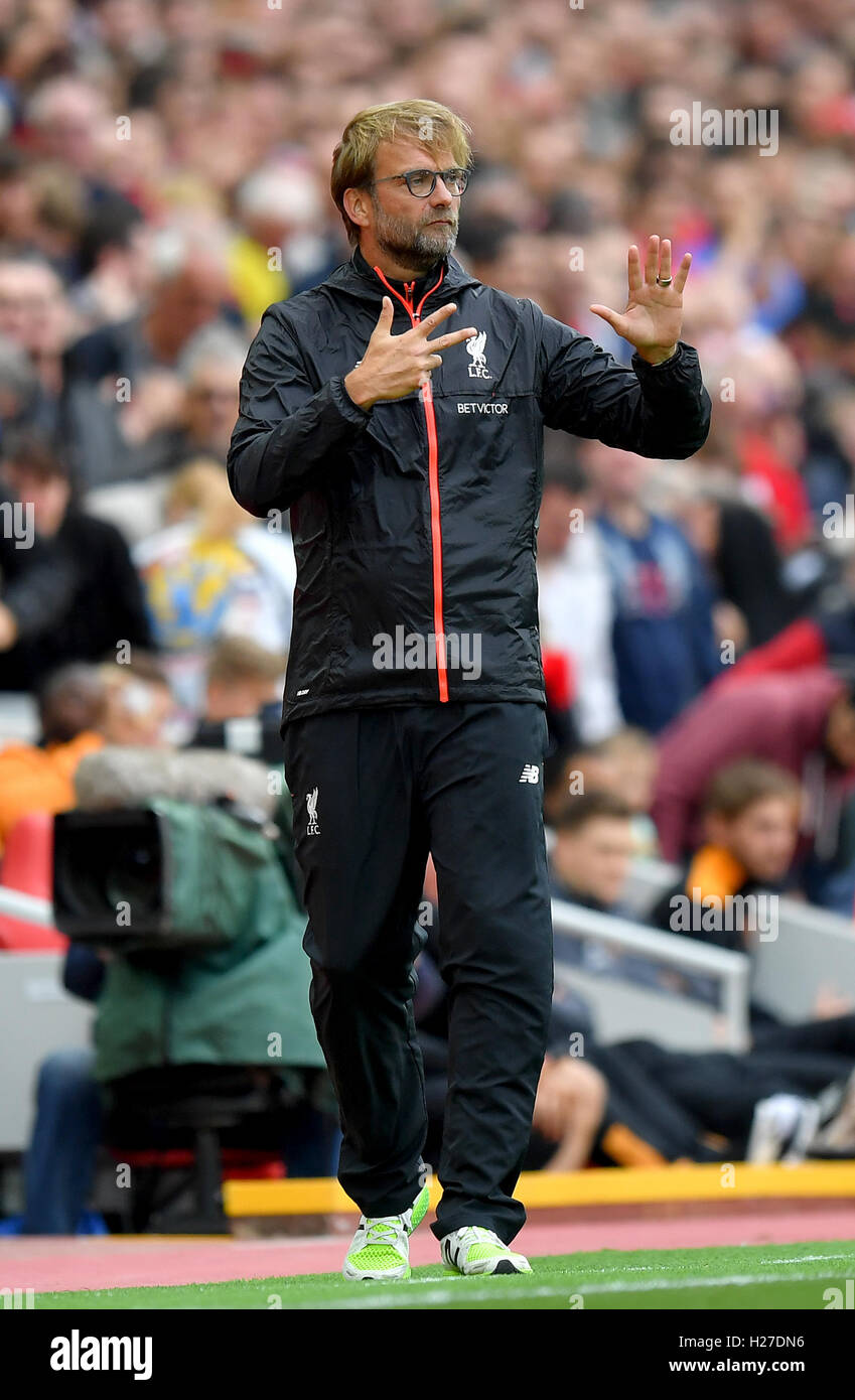 Liverpool manager Jurgen Klopp gestures on the touchline during the ...