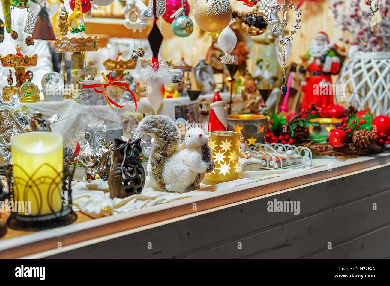 Colorful and bright stall with Christmas tree decorations on the ...