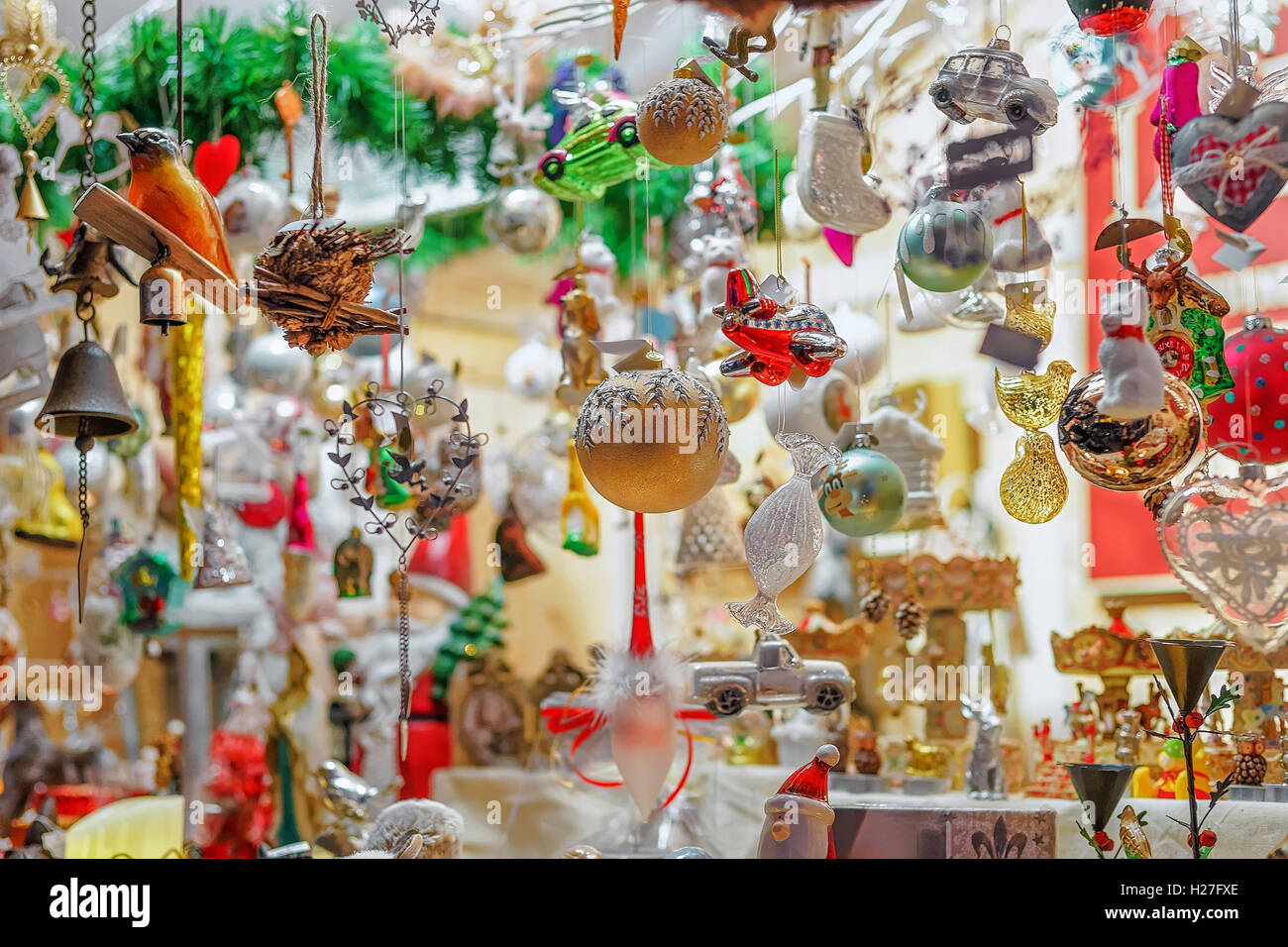 Colorful and bright stall with Christmas tree decorations at the ...