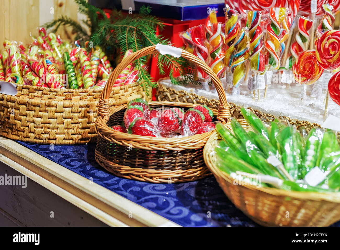 Stall with traditional colorful and festive candies on the Christmas ...