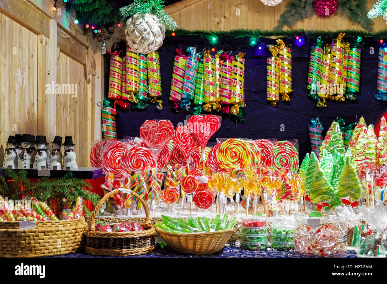 Stall with traditional colorful and festive candies on Christmas Market ...