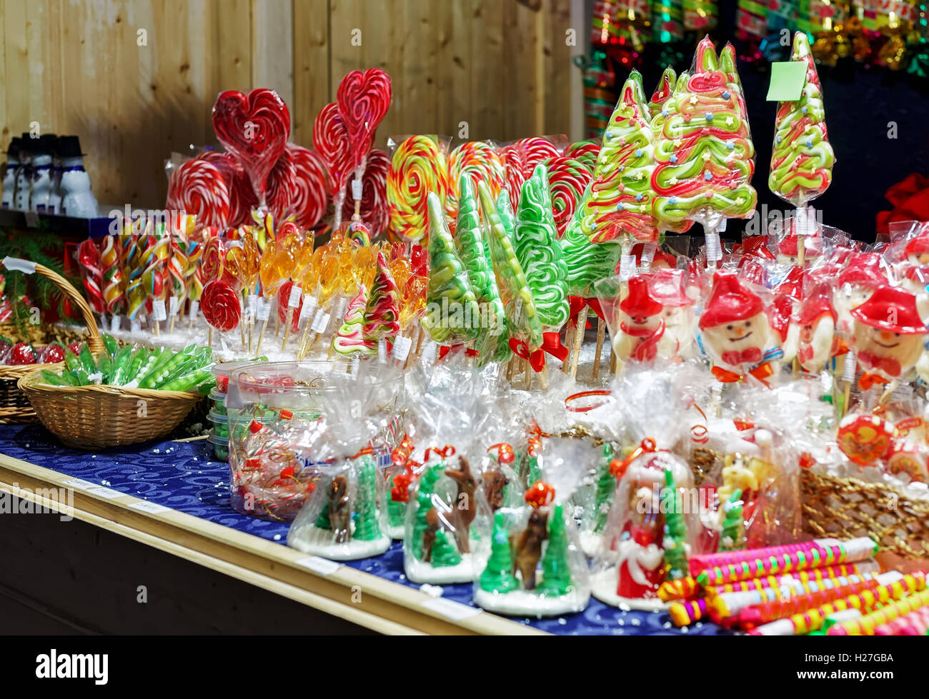 Stall with traditional colorful and festive candies in the Christmas ...