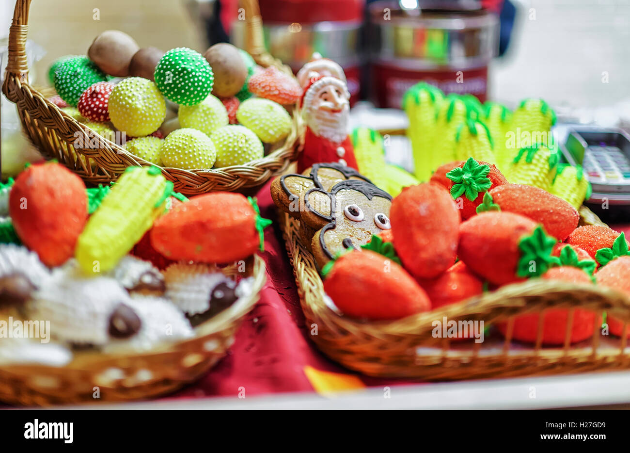 Stall with traditional colorful and festive sweets in Christmas Market ...