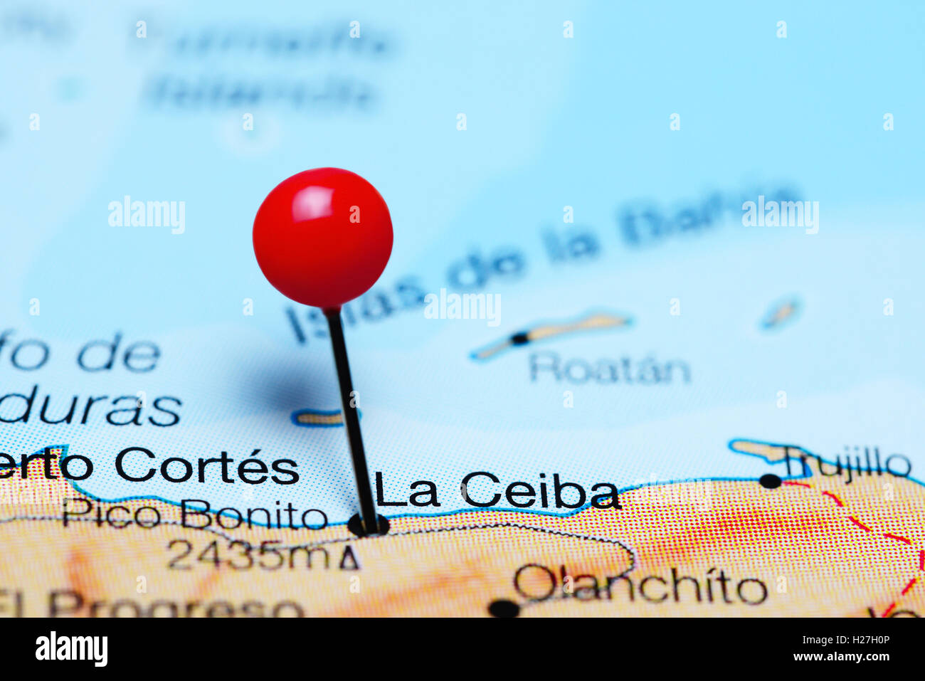 La Ceiba pinned on a map of Honduras Stock Photo - Alamy