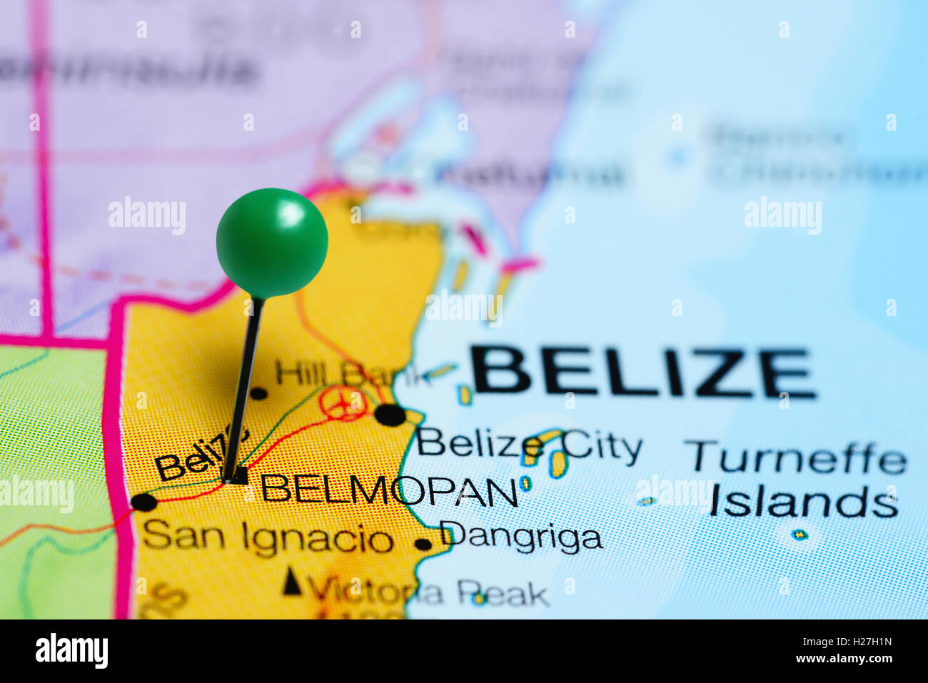 Belmopan pinned on a map of Belize Stock Photo - Alamy