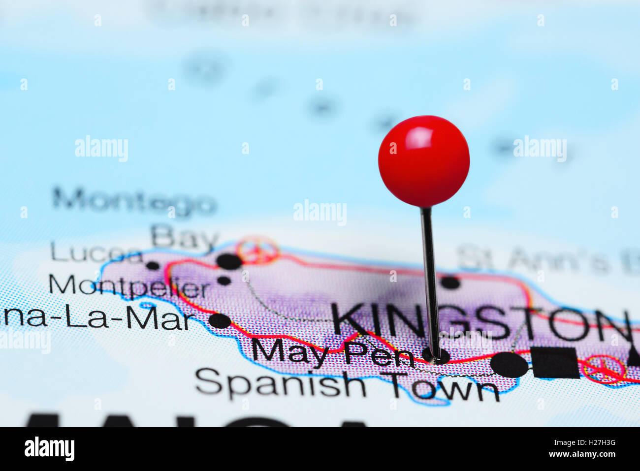 May Pen pinned on a map of Jamaica Stock Photo - Alamy