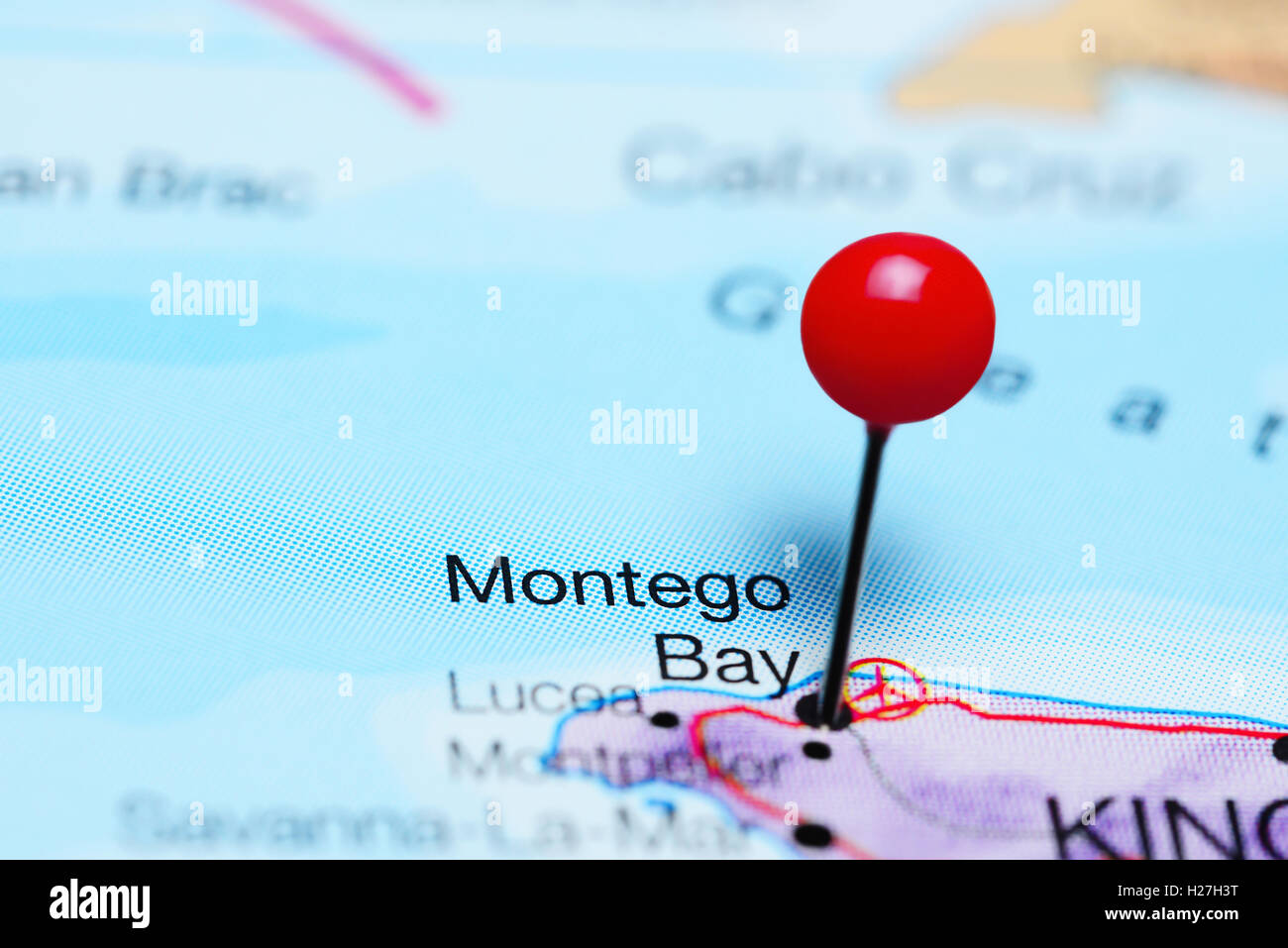 Montego Bay pinned on a map of Jamaica Stock Photo - Alamy