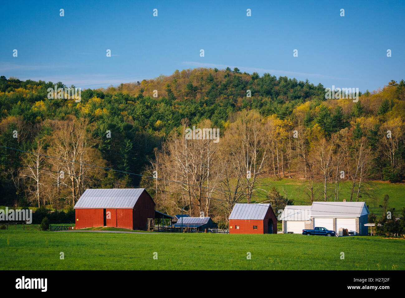 Farm and view of spring color in the hills of the Shenandoah Valley of ...