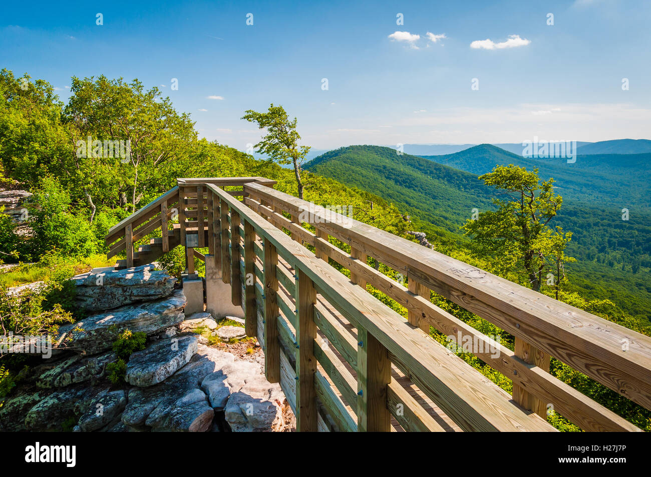 Wooden bridge and view of the Appalachian Mountains from Big Schloss ...