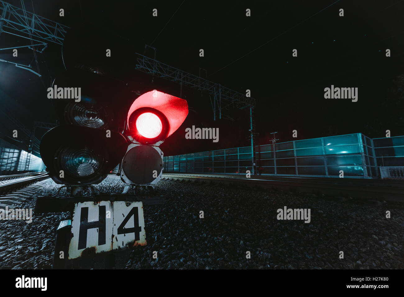 Red semaphore railway night Stock Photo - Alamy