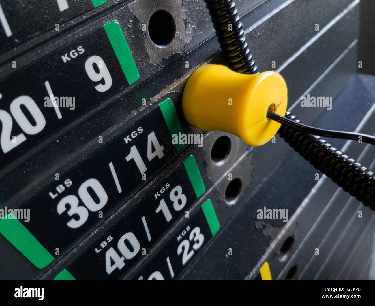 Weights macro on fitness machine Stock Photo - Alamy
