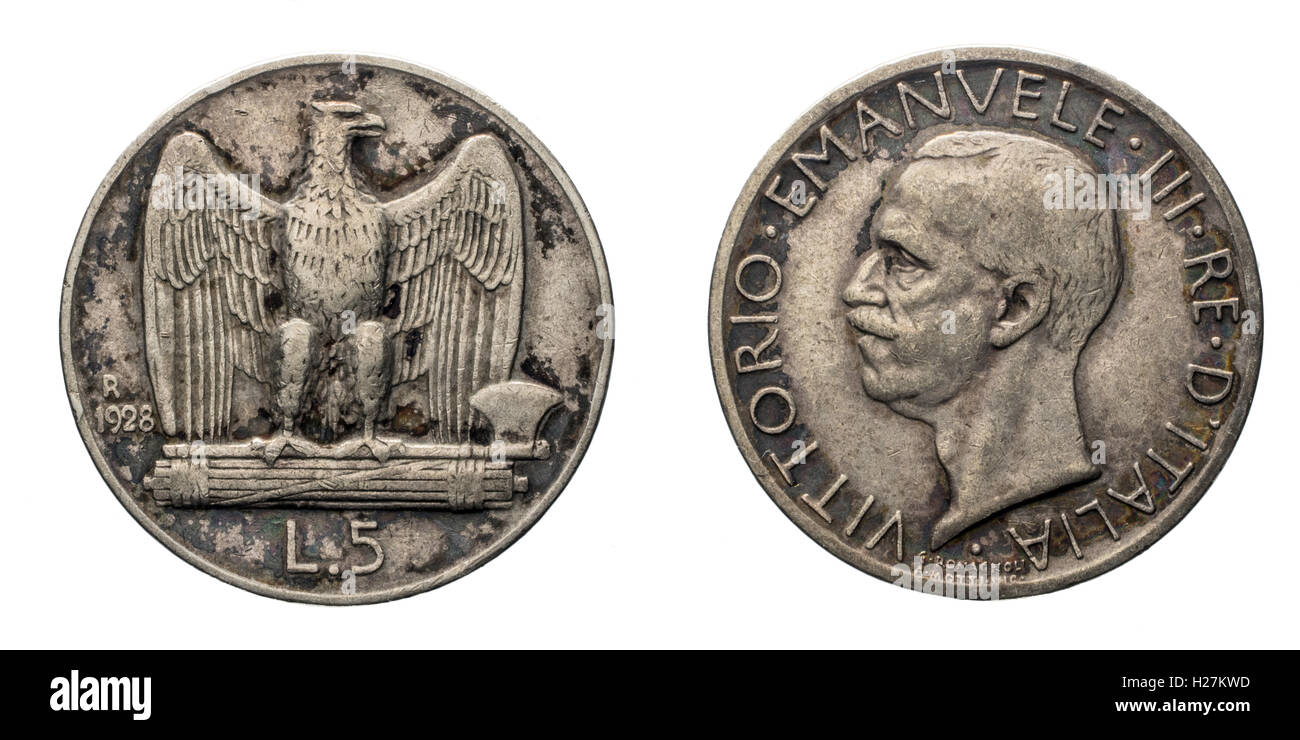 five 5 Lire silver Coin 1928, fascism age, fascist eagle arms on back ...