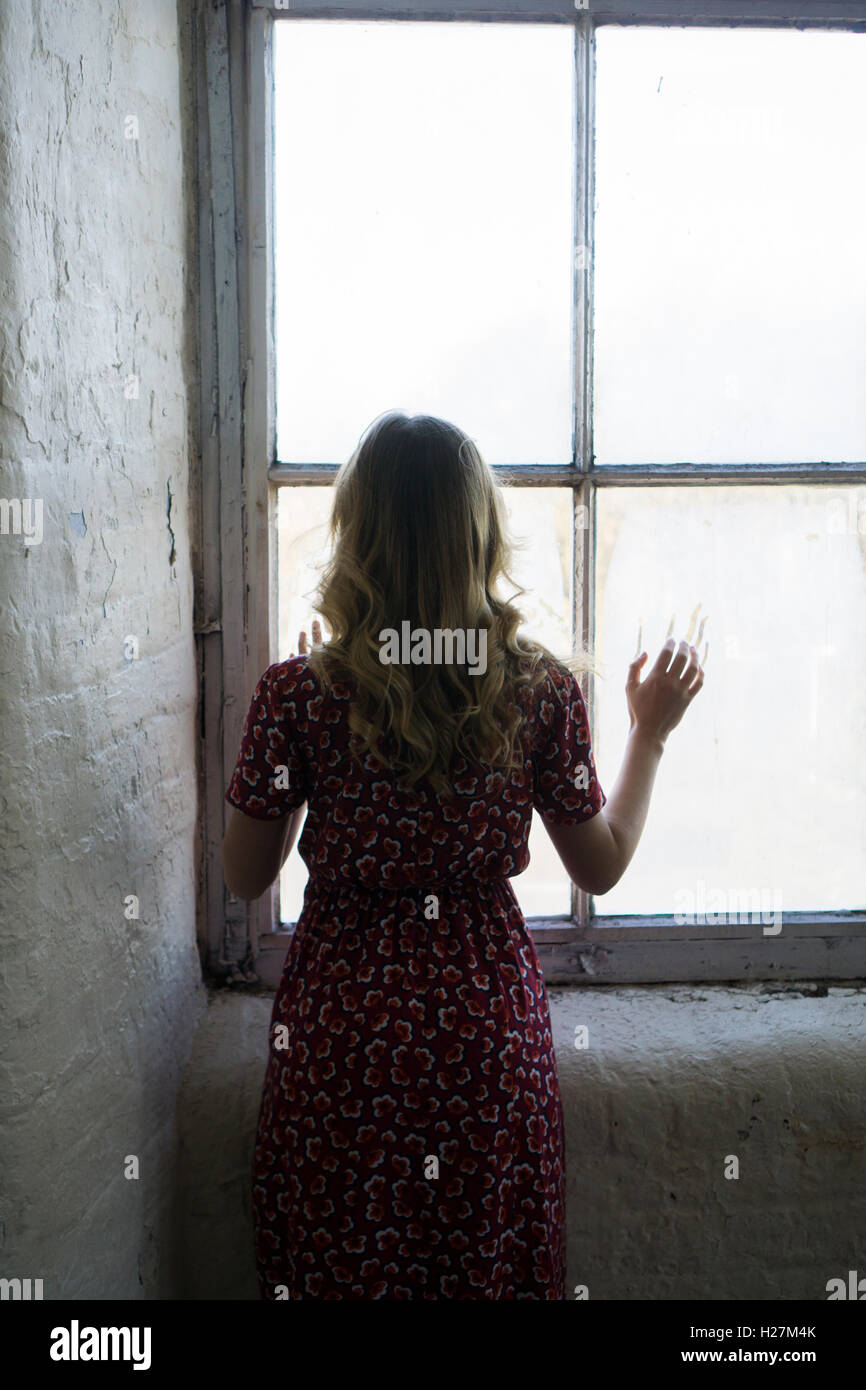 Rear view of a woman in red dress standing by the window hand touching ...