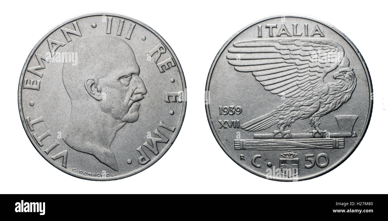 fifty 50 cents Lira acmonital Coin 1939 XVIII Empire, fascism age ...