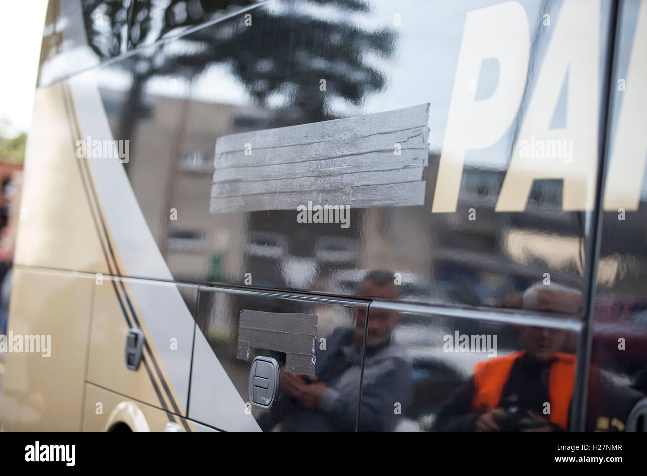 Tape covers part of the Rangers team bus, before the Ladbrokes Scottish ...