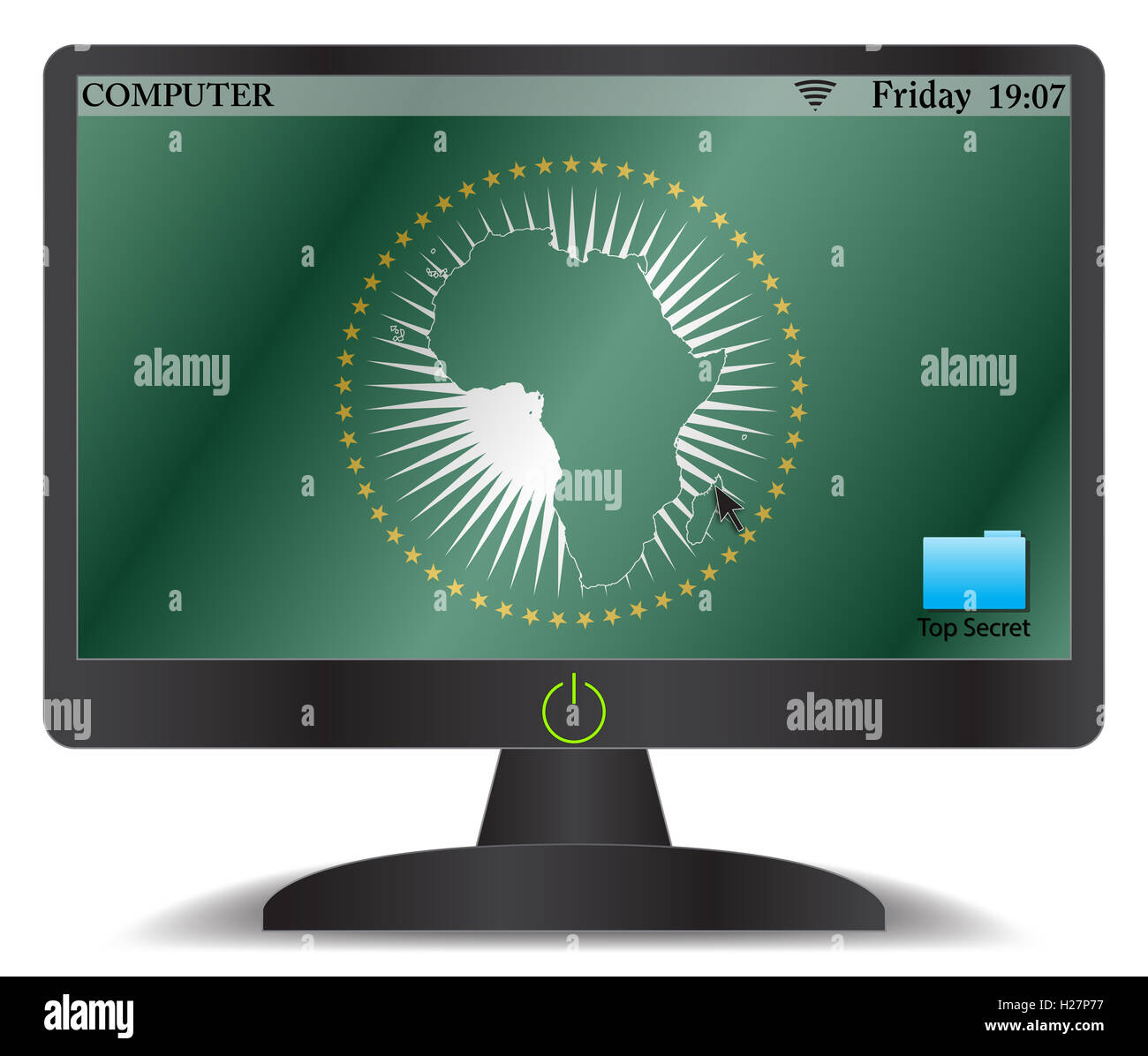 An African Union computer screen with an on button isolated on a white ...