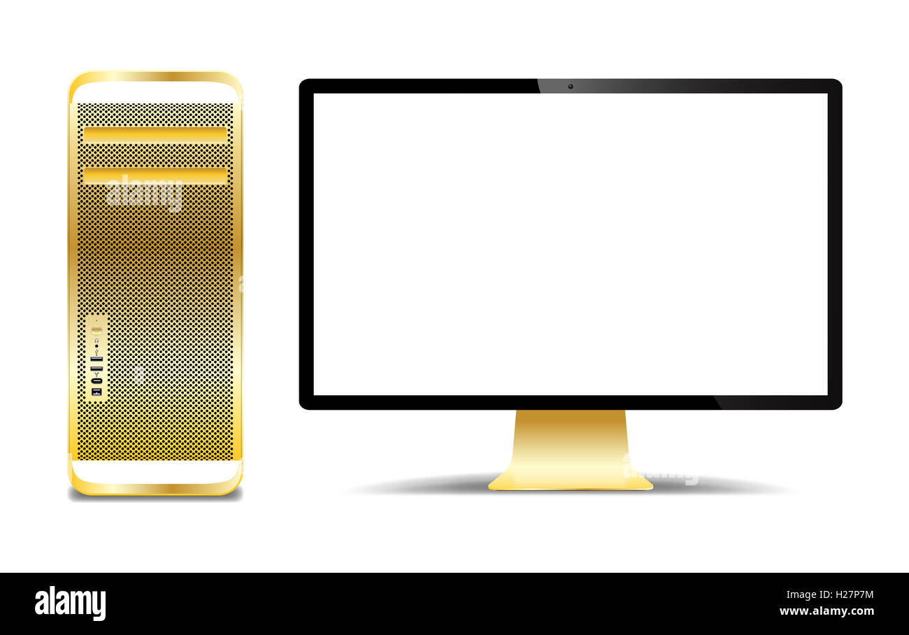 A realistic gold computer tower and screen isolated on a white ...