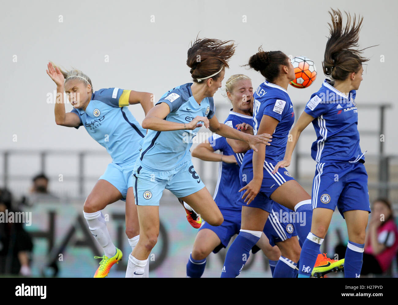 Manchester City's Jill Scott (second left) heads in the opening goal ...